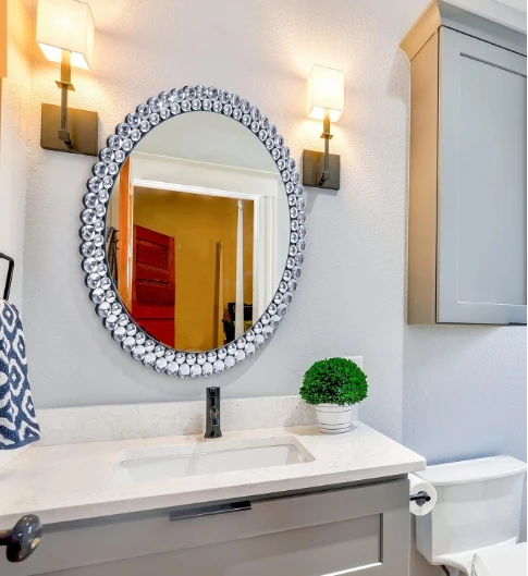 Decorative Round Mirror with Glass Frame & Crystal Rhinestones