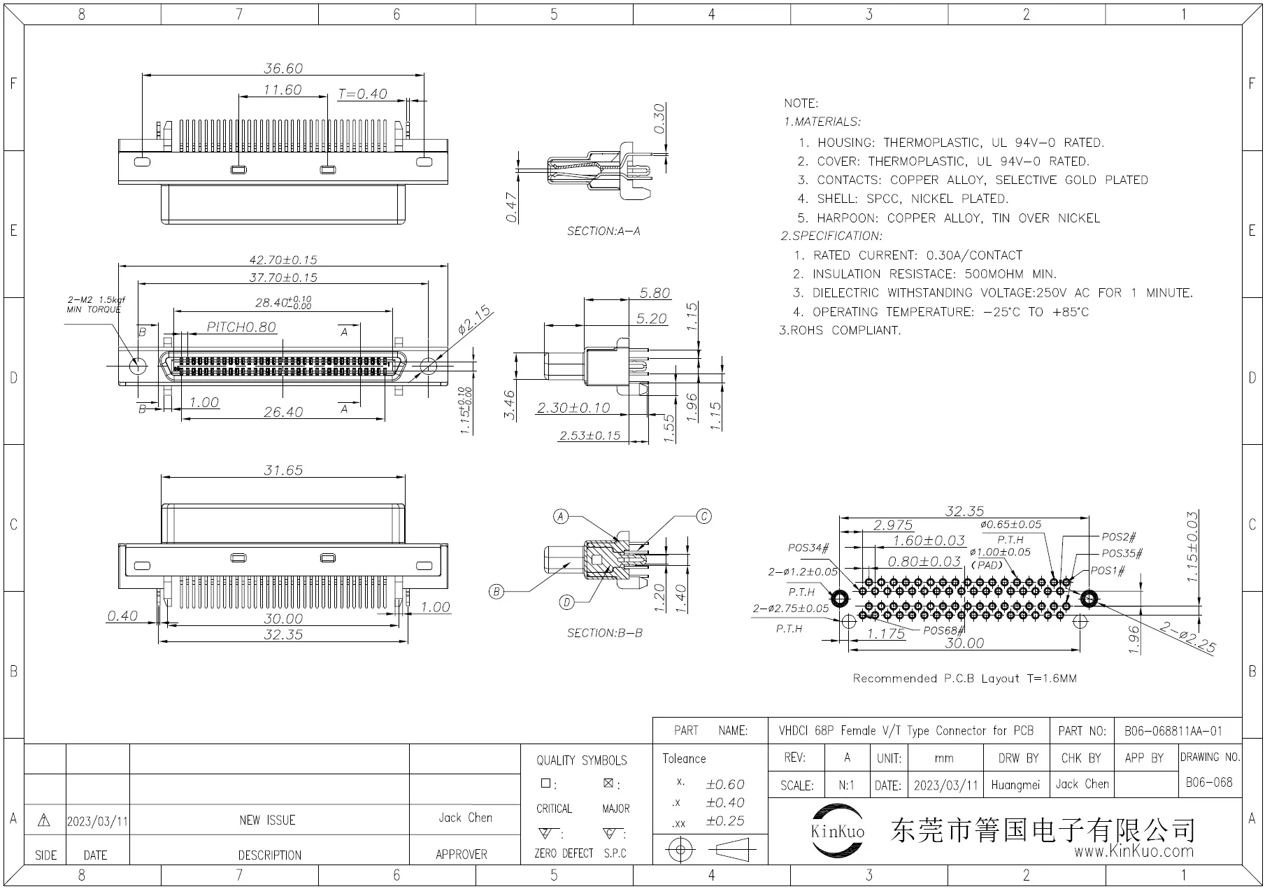 VHDCI 68pin Female Connector - High Density PCB Solution