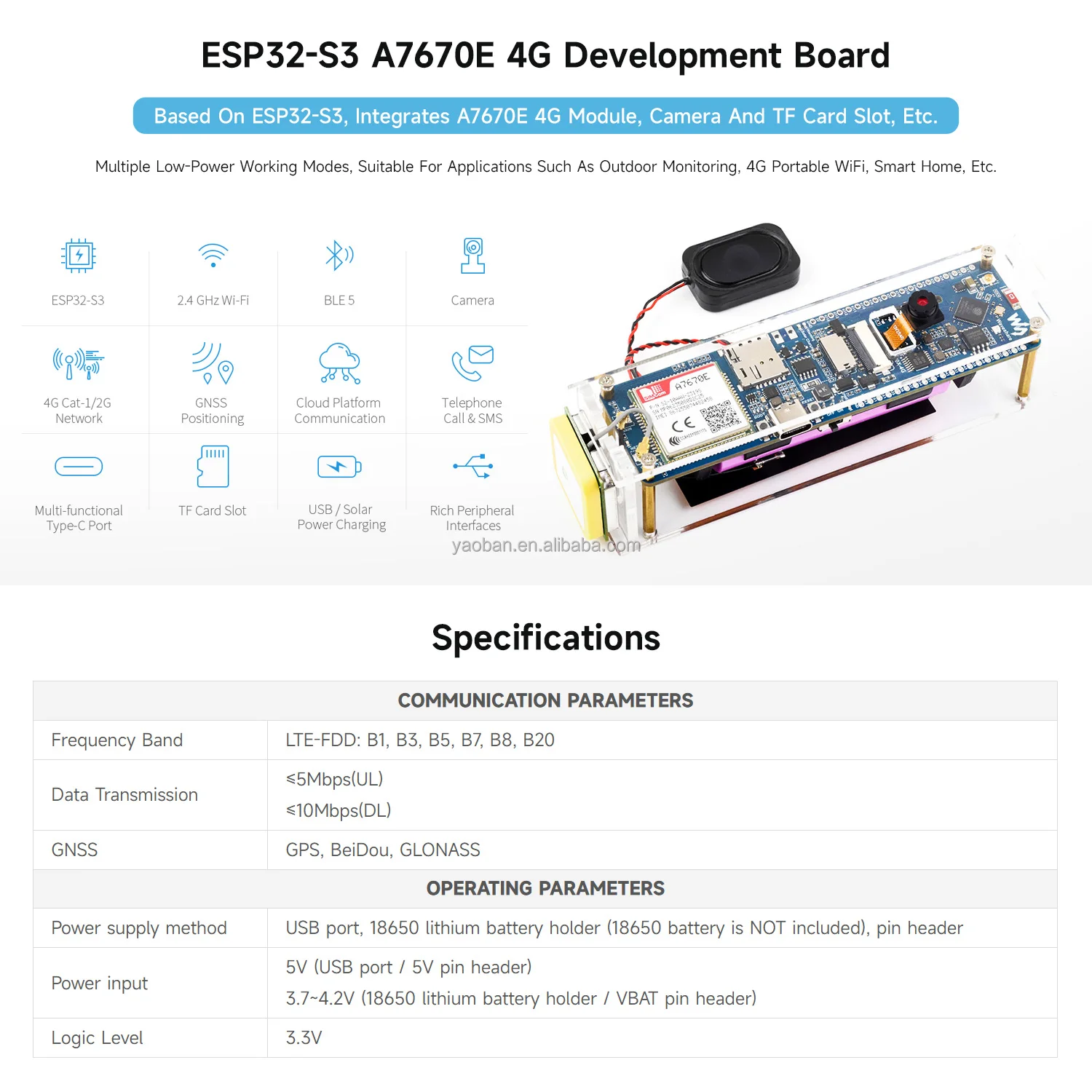 Waveshareesp32-s3 A7670e 4g Development Board,Lte Cat-1 / 2g / Wifi / Bluetooth Telephone Call ...