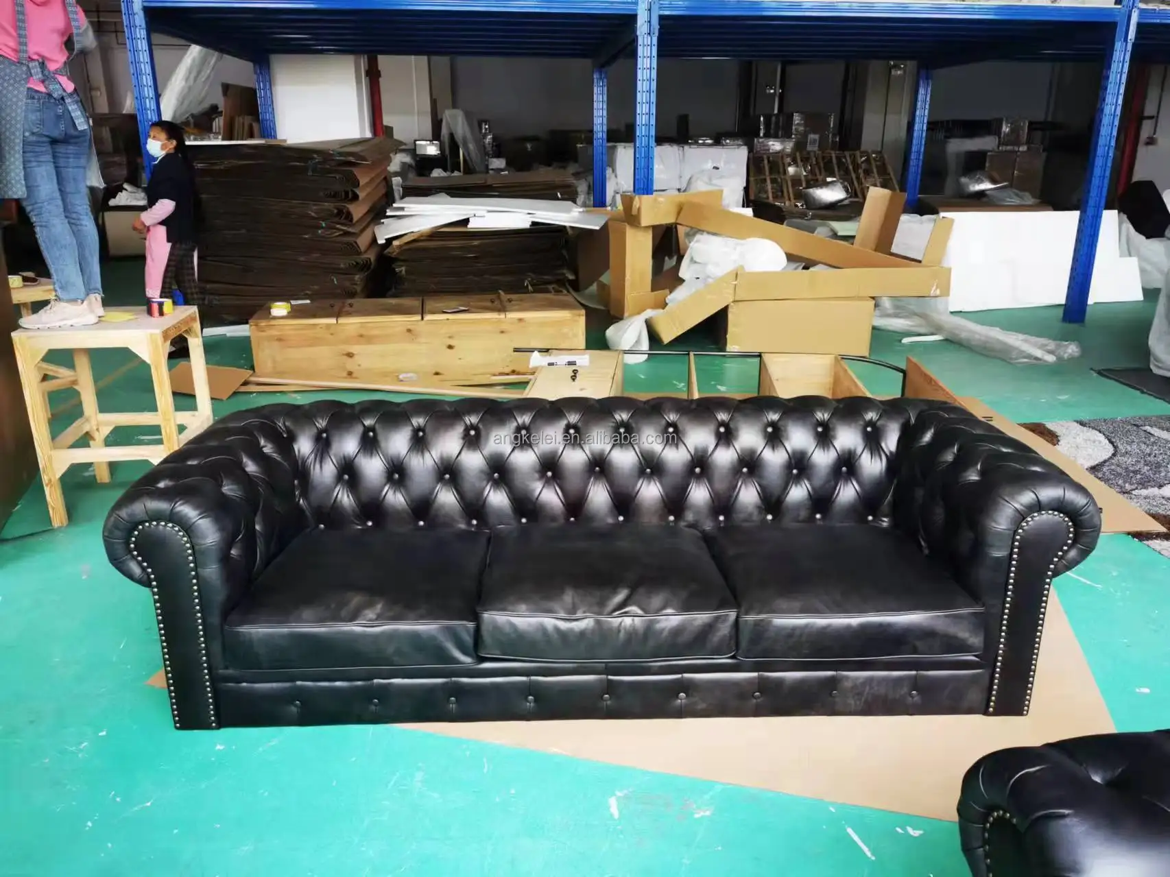 American Antique Black Leather Chesterfield Sofa Set