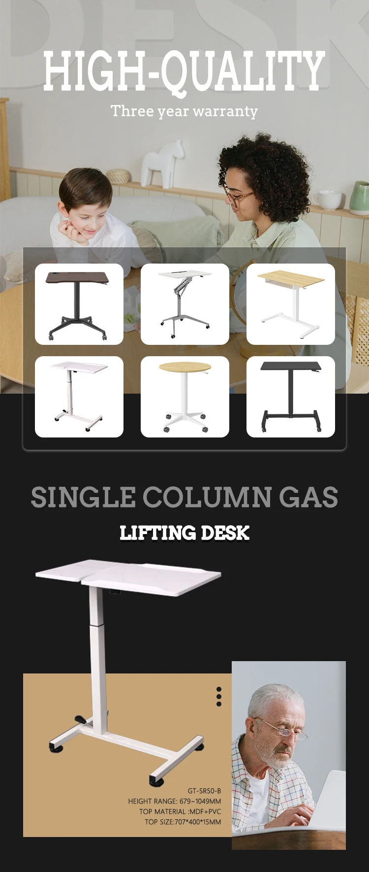 Portable Desk Pneumatic Gas Spring Lift Standing Desk Adjustable ...