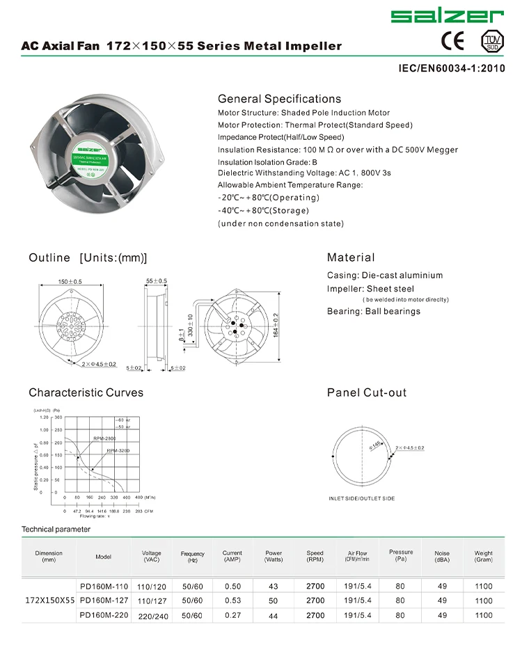SALZER PD157B-110 AC 산업용 축류 팬 환기 모터 팬 배기 팬 볼 베어링 172x150x51mm (TUV CE)| Alibaba.com