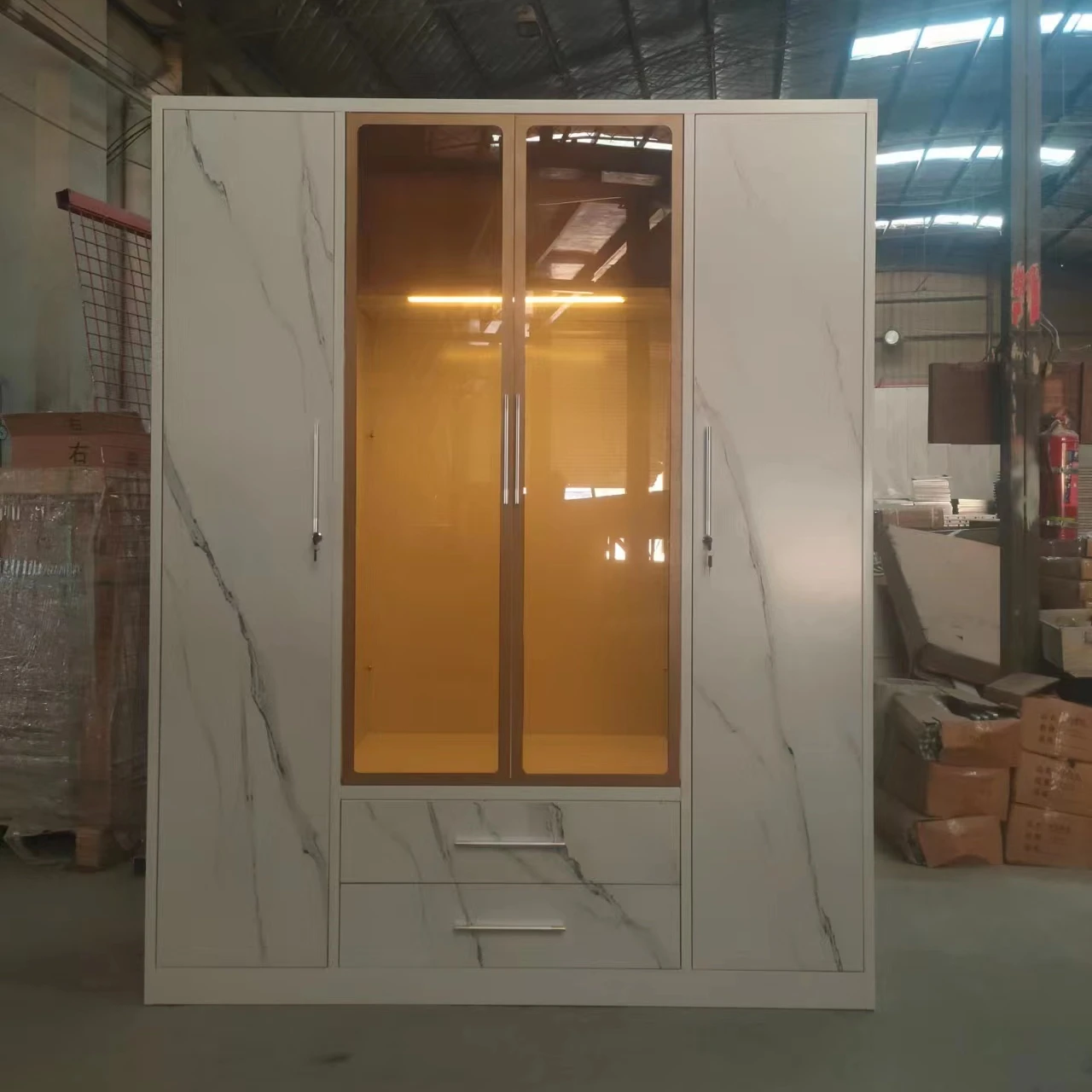 Bedroom 4 Door Steel Almirah With Led Light Design Large Steel Wardrobe ...
