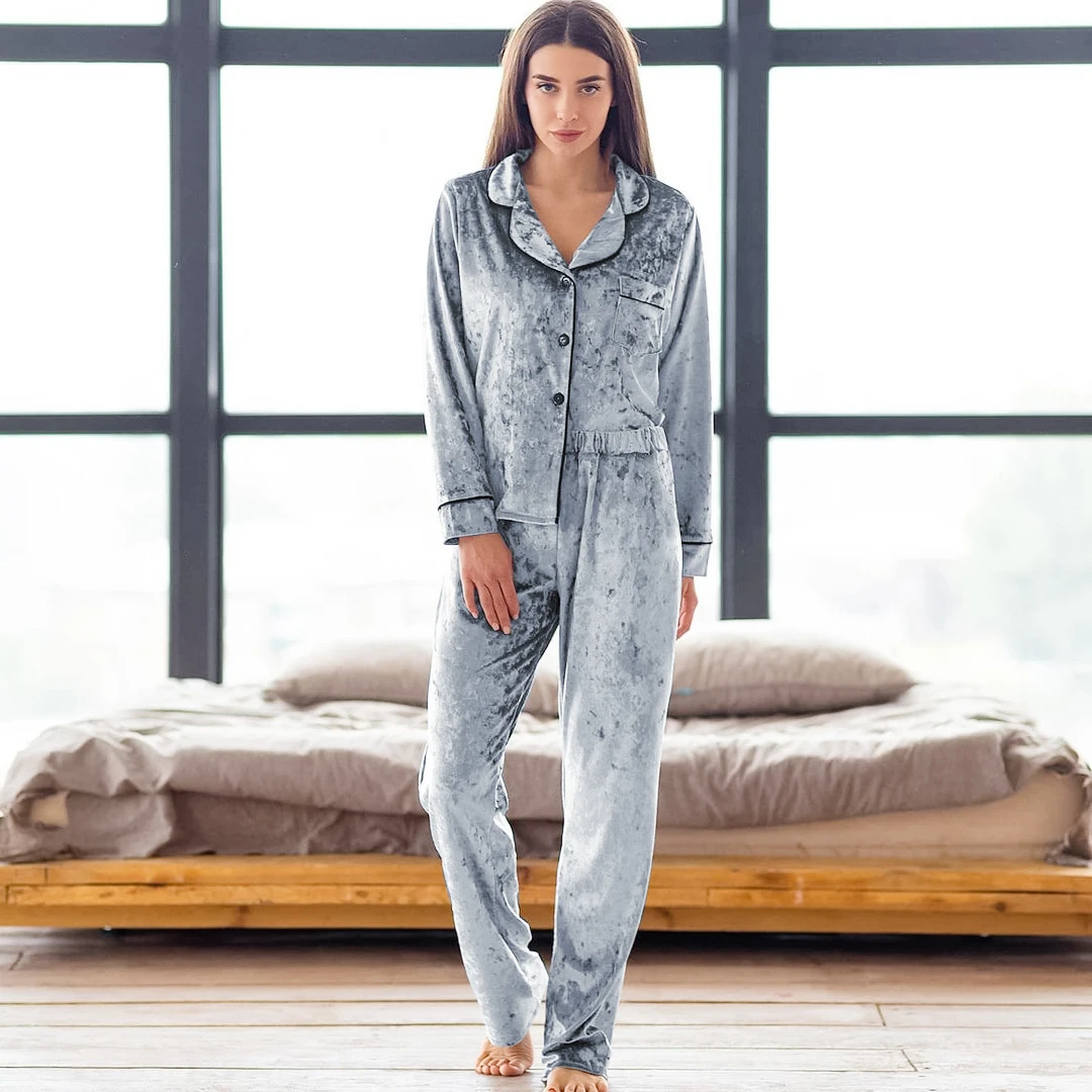 Qinsi Nightwear Trouser Suits Winter Sets Womens Outfits Warm Turn Down ...