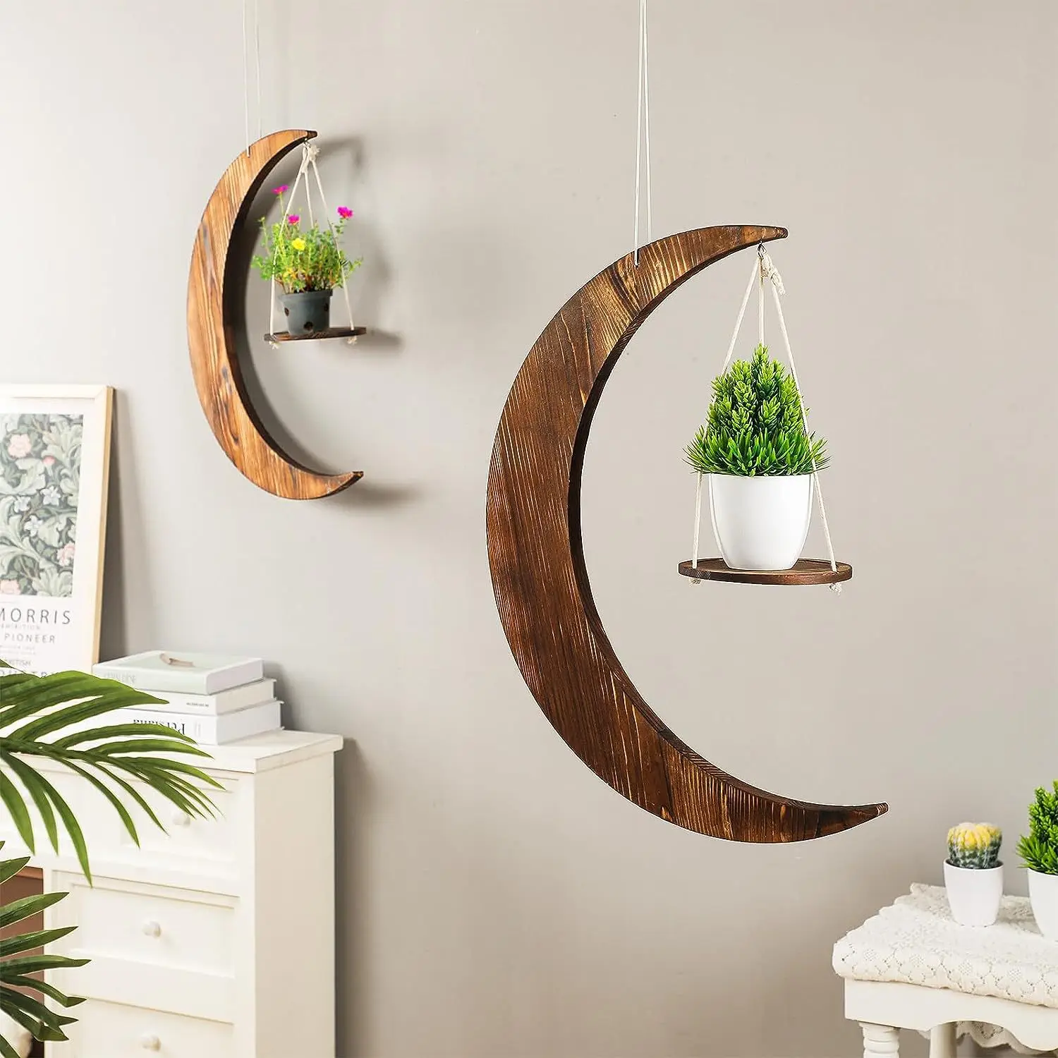 Cat Wooden Plant Stand - Boho Multi Moon Hangers Decor
