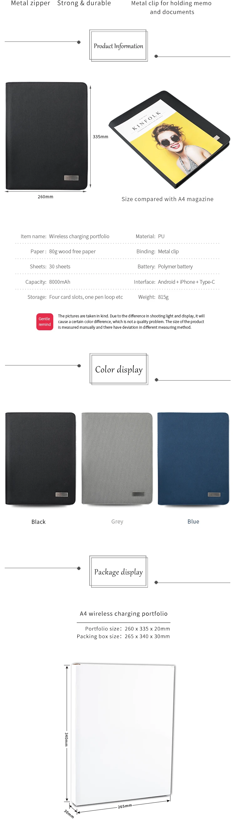 A4 PU Leather Wireless Charging Portfolio Folder with 8000mAh Power ...