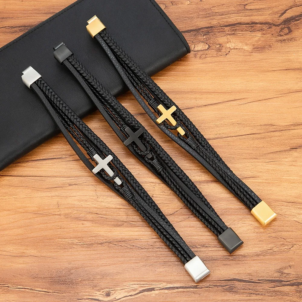 Yunse Stainless Steel Men's Vintage Charm Cross Weave Genuine Leather ...