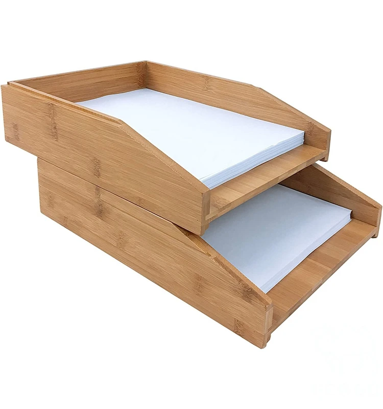 2 Tier Desktop File Organizer Bamboo Stackable Letter Tray Paper Holder ...
