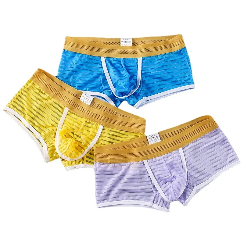 Gay Men Mesh Boxer Low-waisted Mesh Underwear Young Striped Boxer Sexy ...