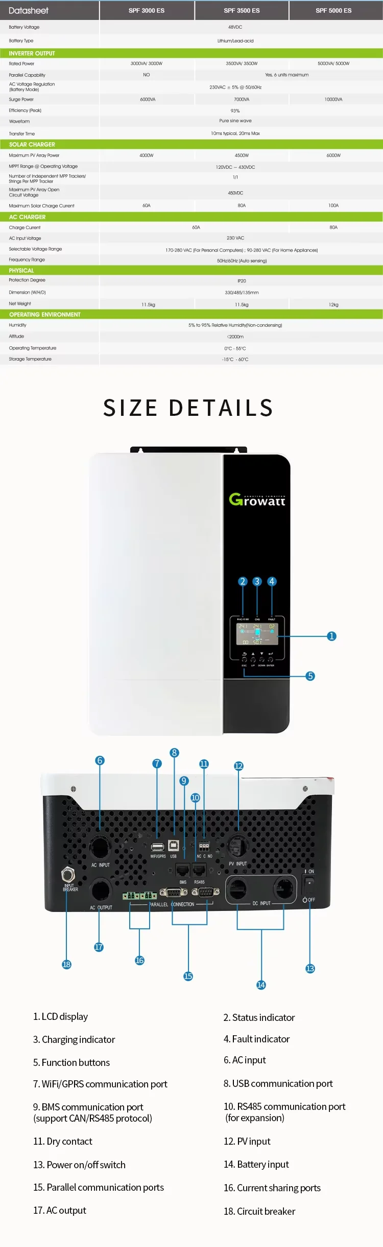 Growatt Hybrid Solar Inverter 48V 5Kw 6Kw 10Kw 12Kw 20Kw SPF5000ES ...