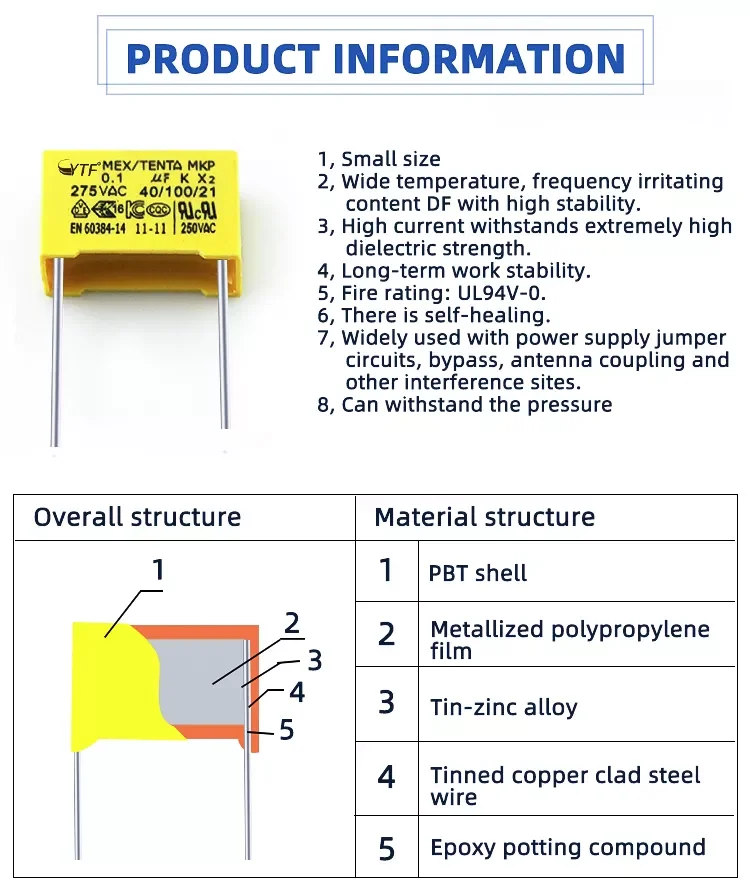 Yellow Box Type Polypropylene Capacitor 0.1UF 275V X2