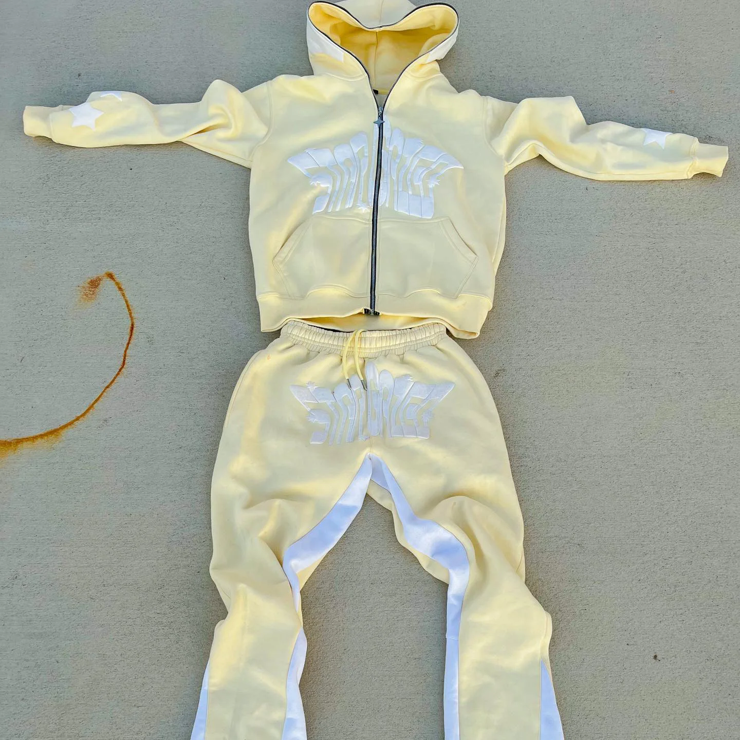 Custom Logo Men 3d Puff Print Flare Stacked Pant Hoodie Tracksuit