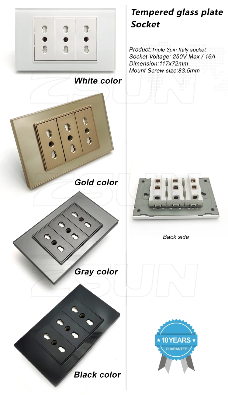 Luxury Plug 3gang Home Outlets Wall AC Power Modular Italian Socket - ZSUN