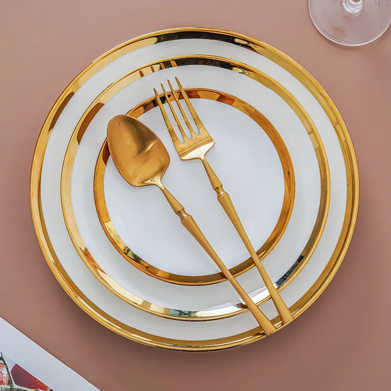 Simple And Luxury Gold Rim Ceramic Dishes & Plates Sets Dinnerware ...