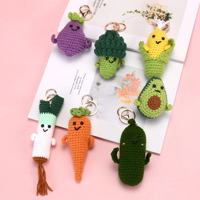 Funny Expression Crochet Vegetables Fruits Food Doll Keychains Corn Avocado Pineapple Knitting ...