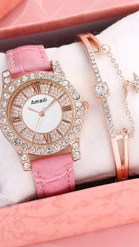New Fashion Luxury Womens 2 Pcs Gift Jewelry Sets Ladies Iced Out Watch ...