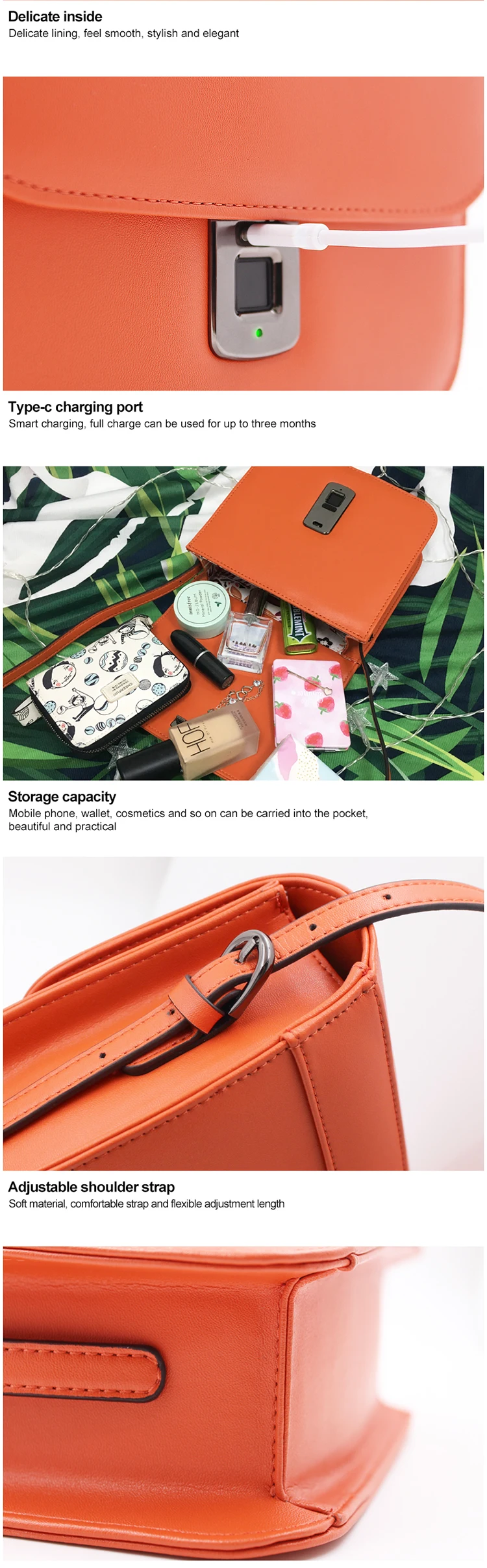 Custom Logo Fingerprint Lock Anti-theft Women Leather Handbag Smart And ...