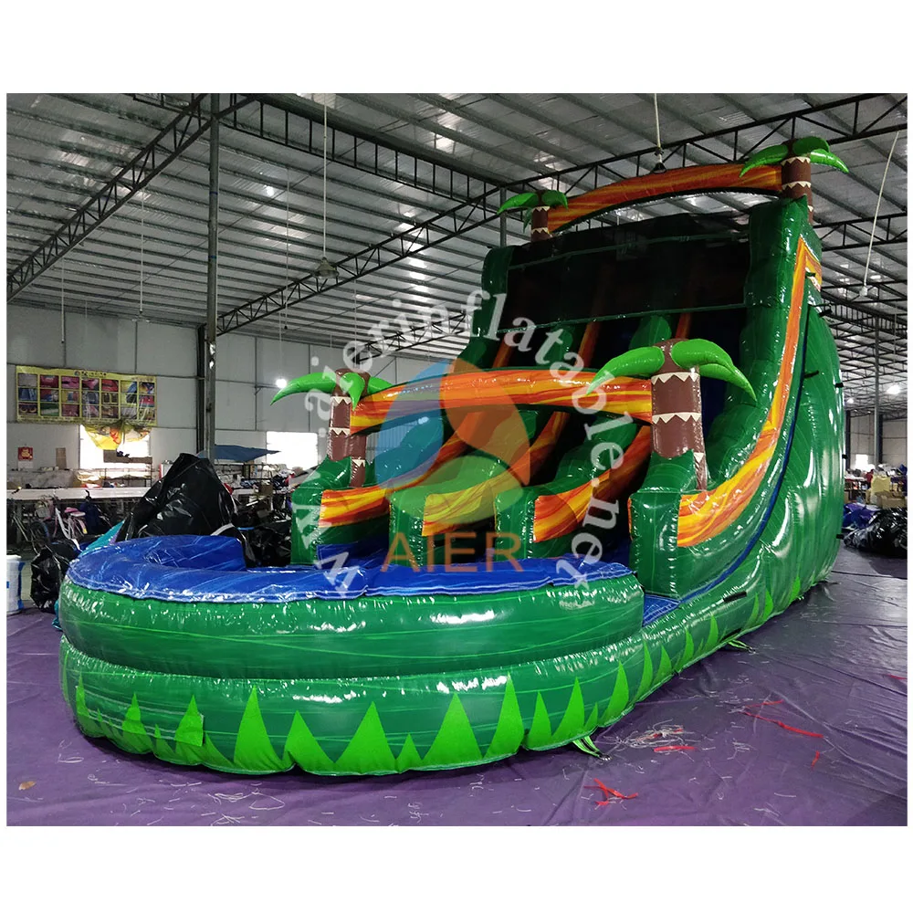 15ft inflatable jungle green water slide air dual lane slide with pool ...