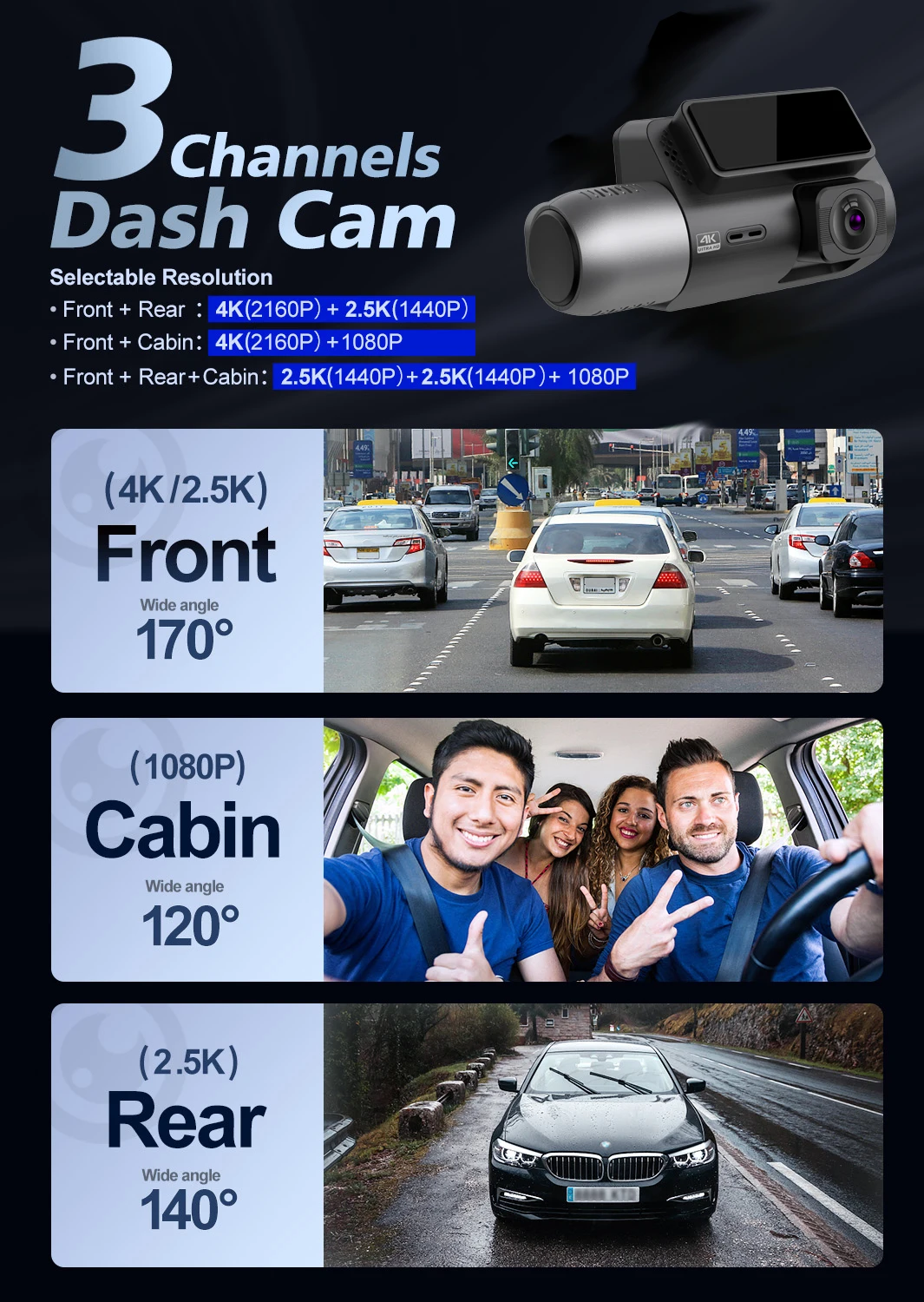 4k Dash Cam 3 Cameras Car Dvr 3 Channel 2 Inch Ips Screen Car Black Box ...
