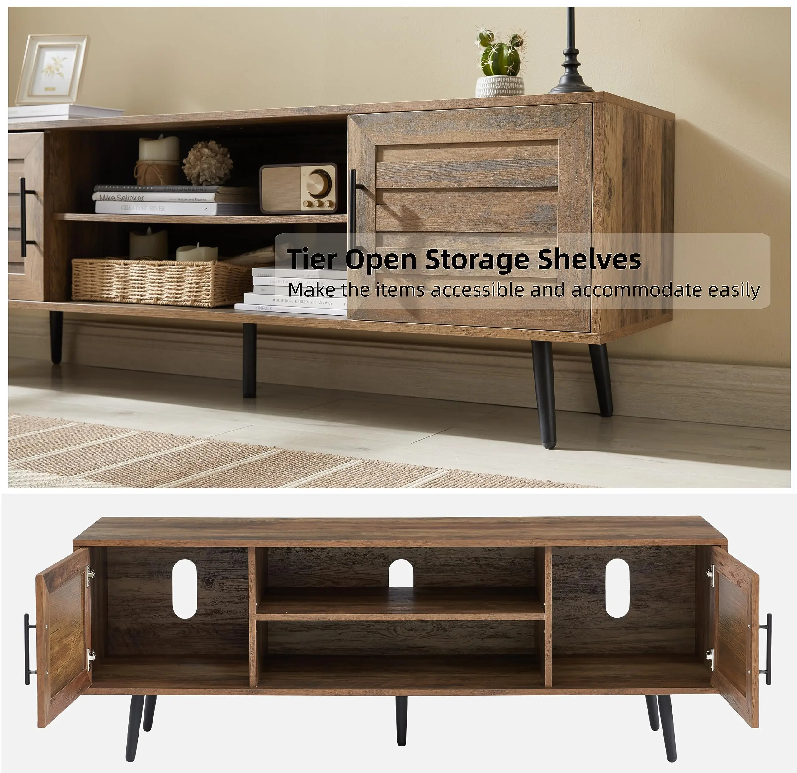 Wood TV Stand with Storage Cabinet and Open Shelf for Televisions up to ...