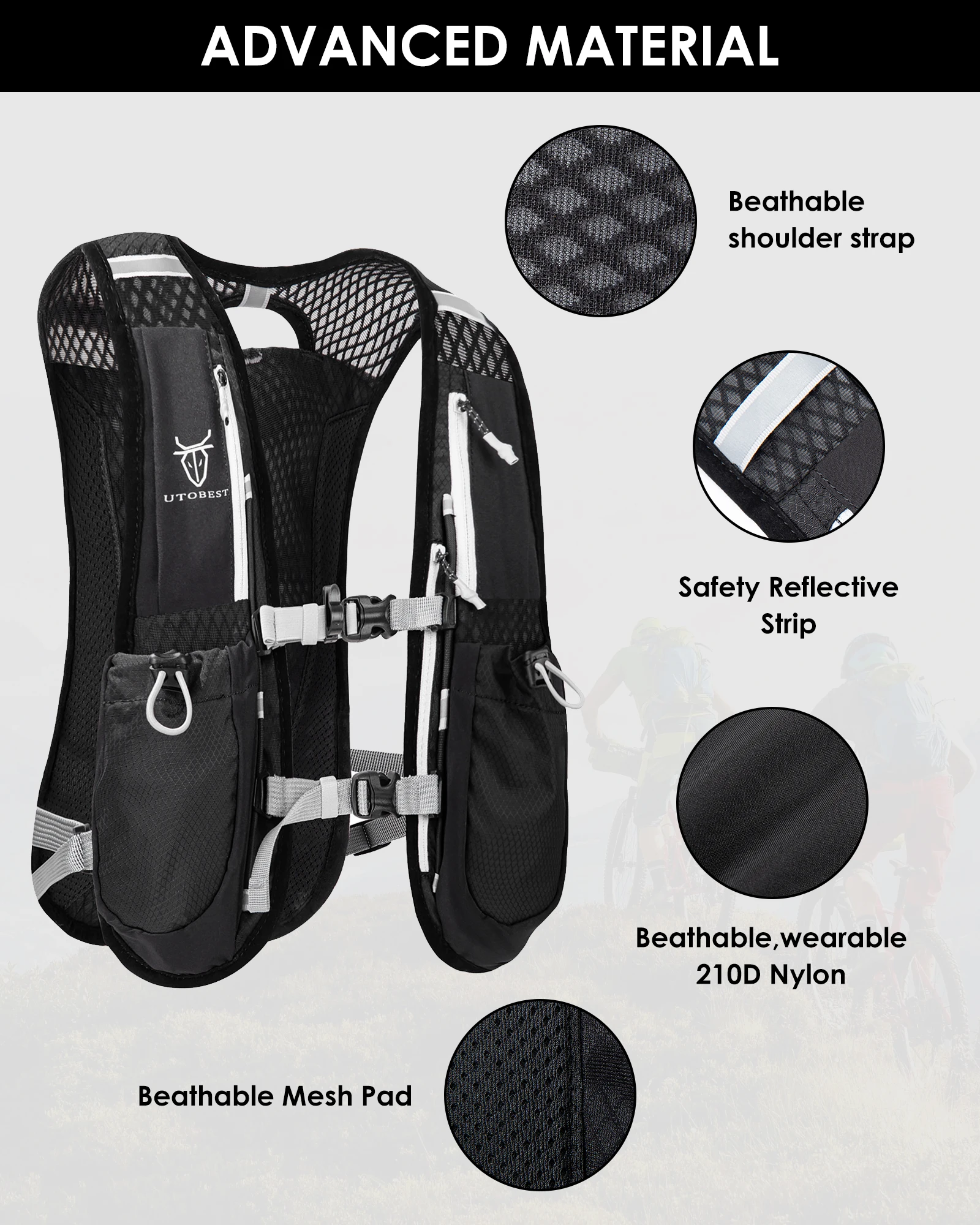 UTOBEST Lightweight 5L Hydration Pack Functional Running Vest Zipper ...