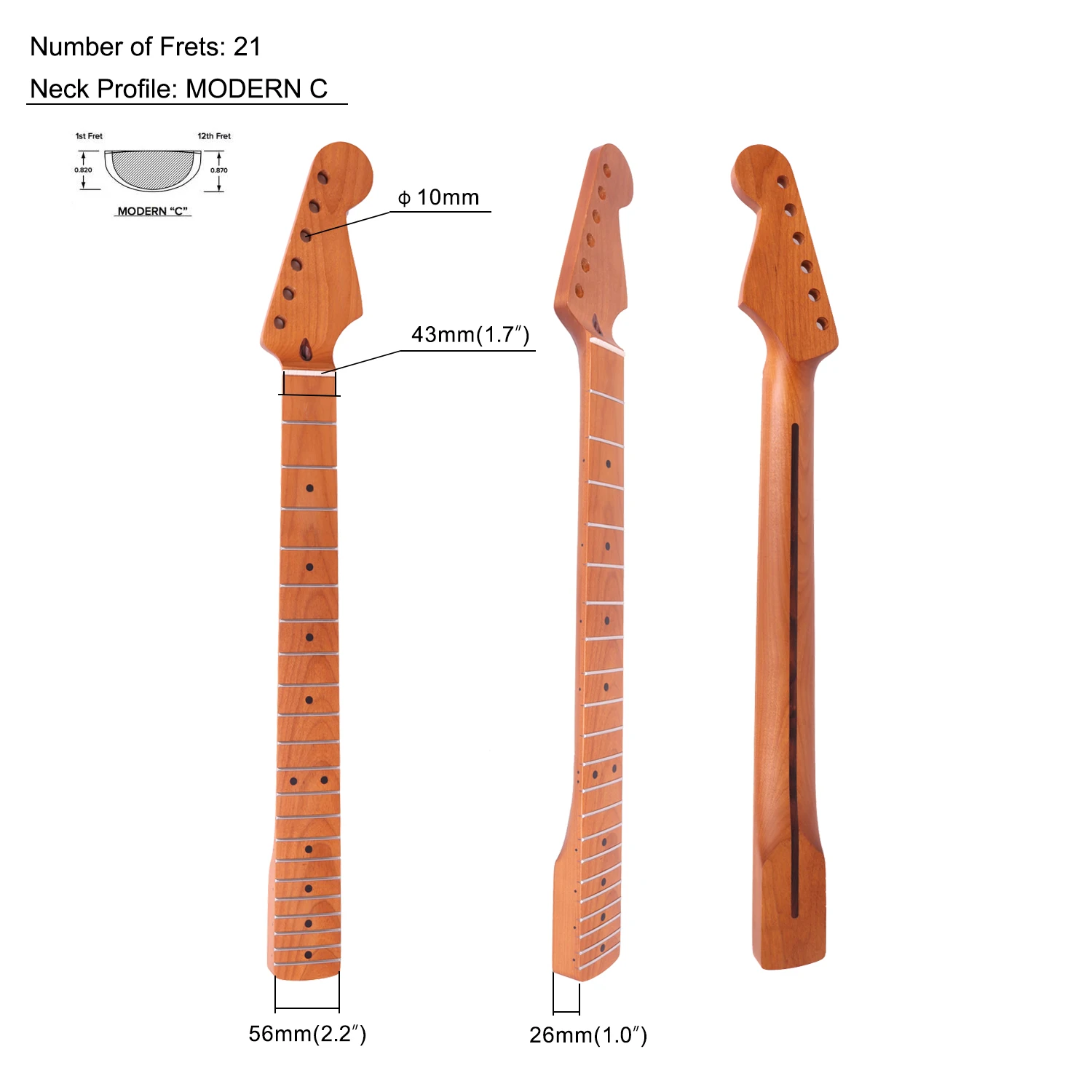 St Guitar Neck Roasted Maple Neck 9.5" Radius 10 Mm Holes 21 Frets ...