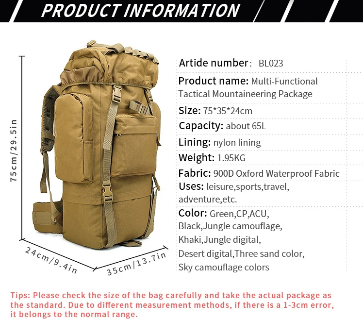 65L 80L 100L Large Capacity Tactical Backpack - Durable & Waterproof