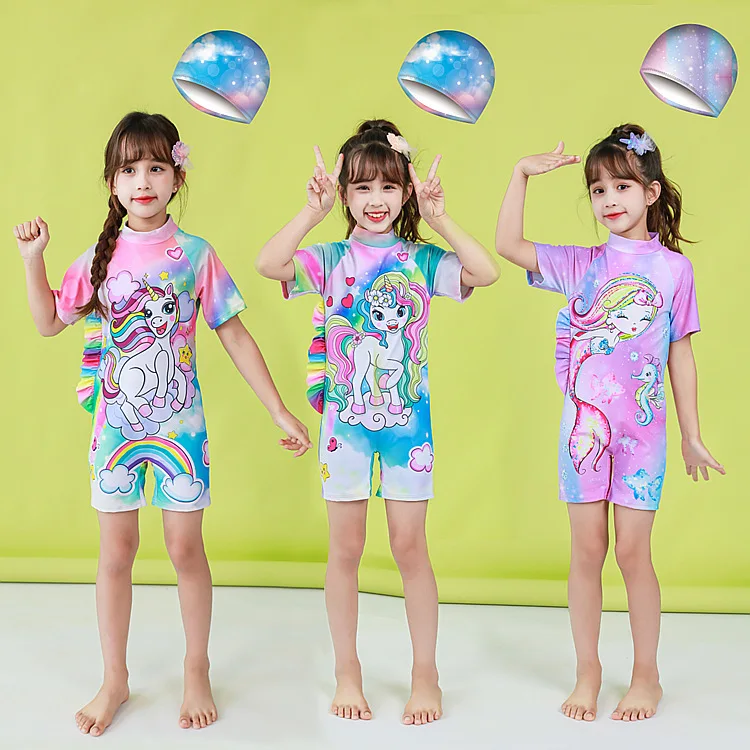 Kids Swimsuit 2024 Girls Swimsuit Cover Up Unicorn Design Short Sleeve ...