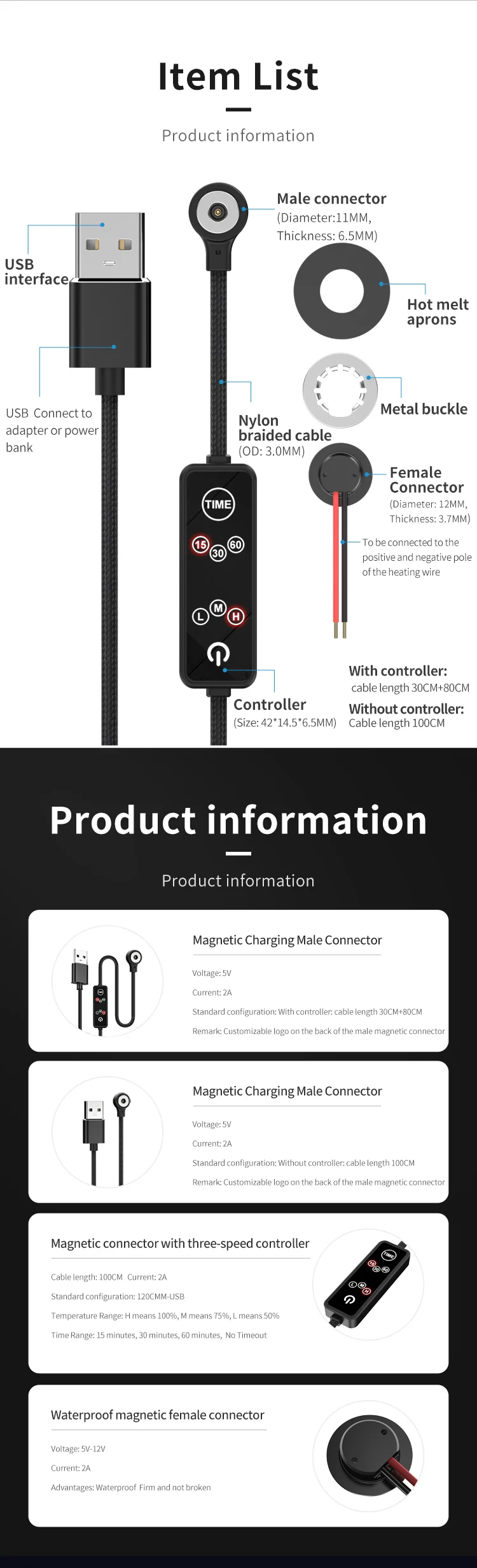 Round 2pin Magnetic Cable - 12V2A Charger Power USB
