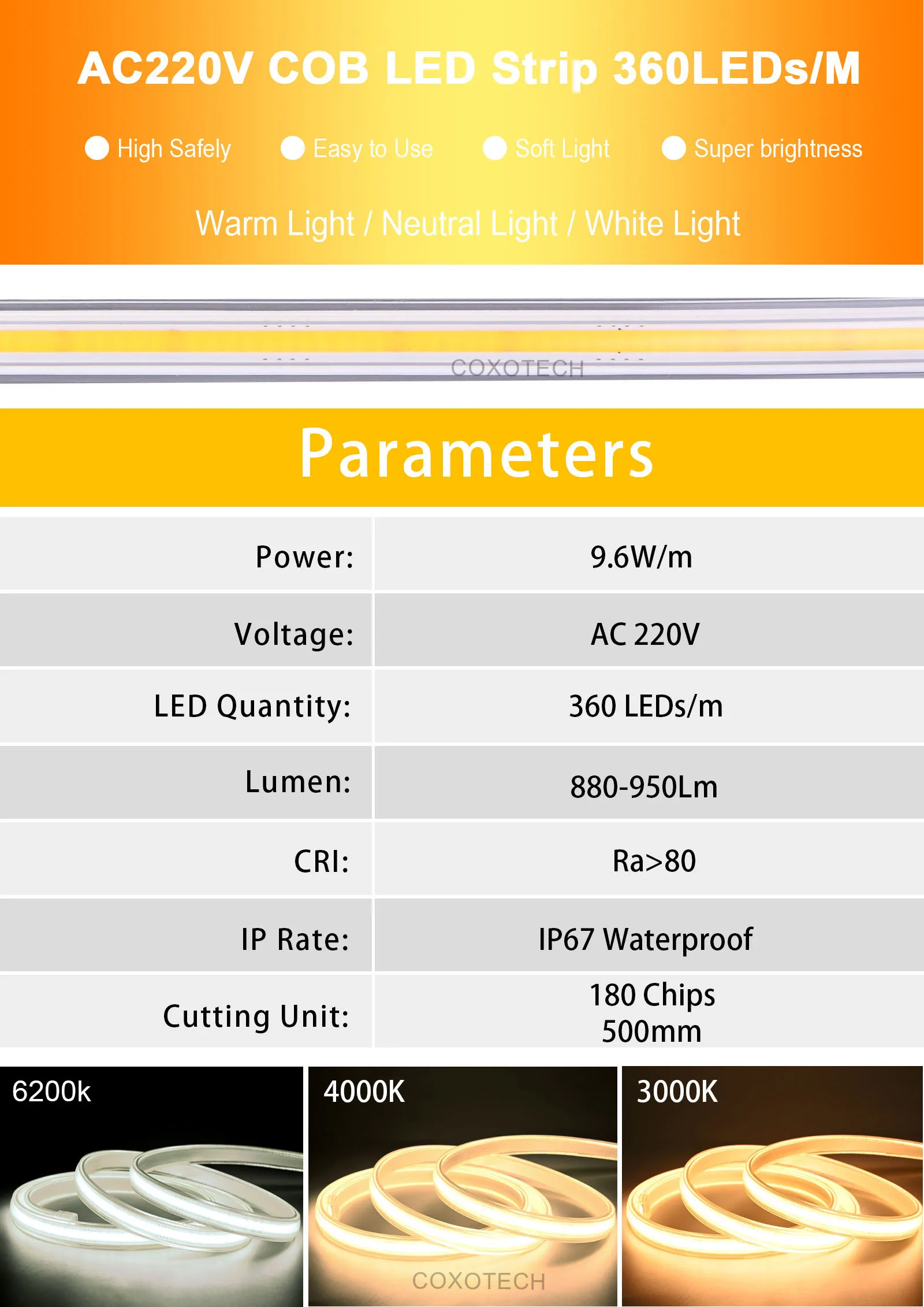 J2000-E AC 220V 360leds COB Led Strip Light COXO| Alibaba.com