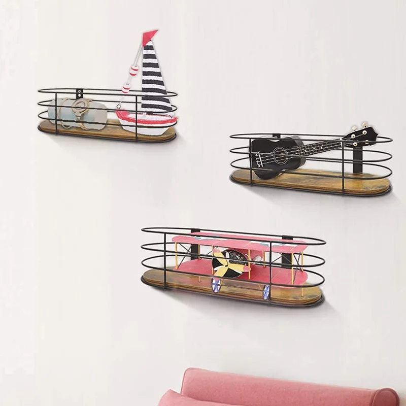 Set Of 3 Oval Floating Wall Shelves Wood Metal Wire Frame Rustic ...