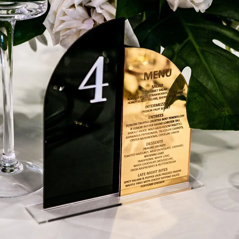 Double Half Arched Black Gold Mirror Wedding Menu & Table Number ...