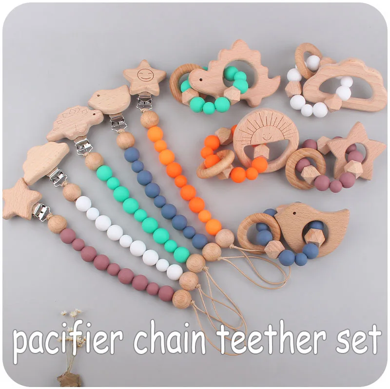 Custom Baby Teether Pacifier Chain Set Food Grade Silicone And Beech ...