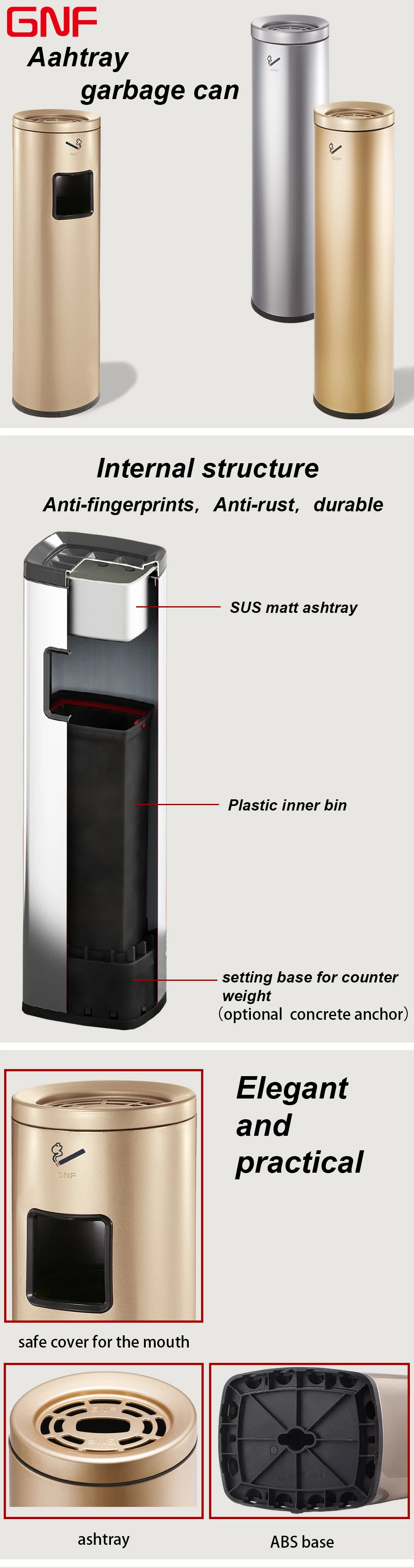 Gnf Stainless Steel Stand Ashtray Trash Bin Outdoor And Indoor Recycle ...