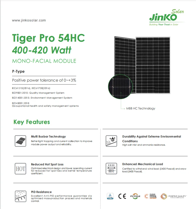 Jinko Tiger P-type Panels 400w 405w 410w 415w 420w Mono-facial ...