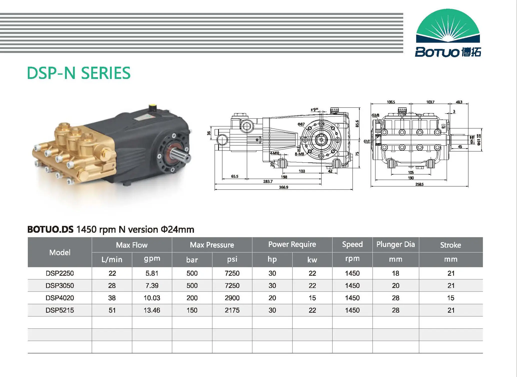 Botuo 22lpm 500bar DSP-N High Pressure Plunger Pump for Cleaning