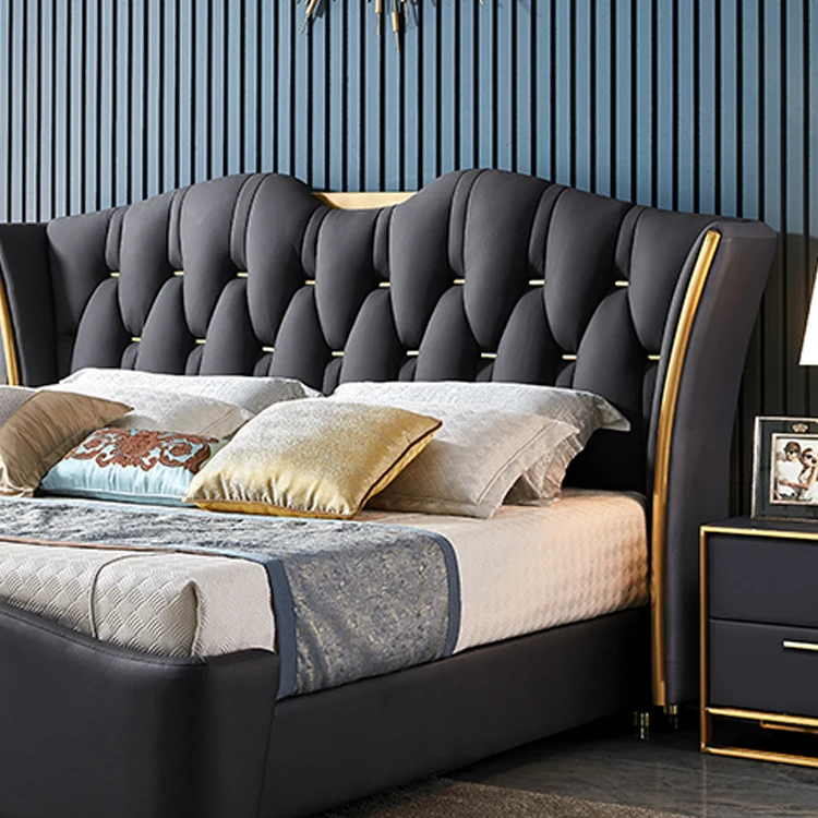 Postmodern Stainless Steel Frame Luxury White Leather Bed King Size Bed ...