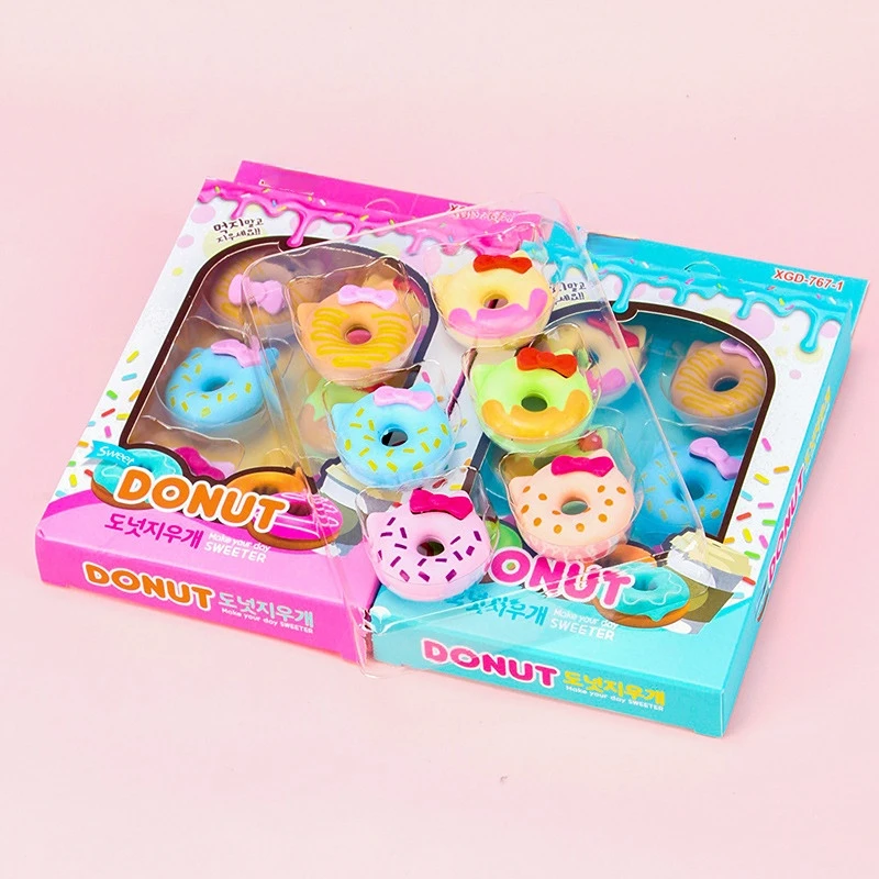 Cute Kawaii Creative Bow Cat Donut Eraser Shape School Kids Eraser Set ...