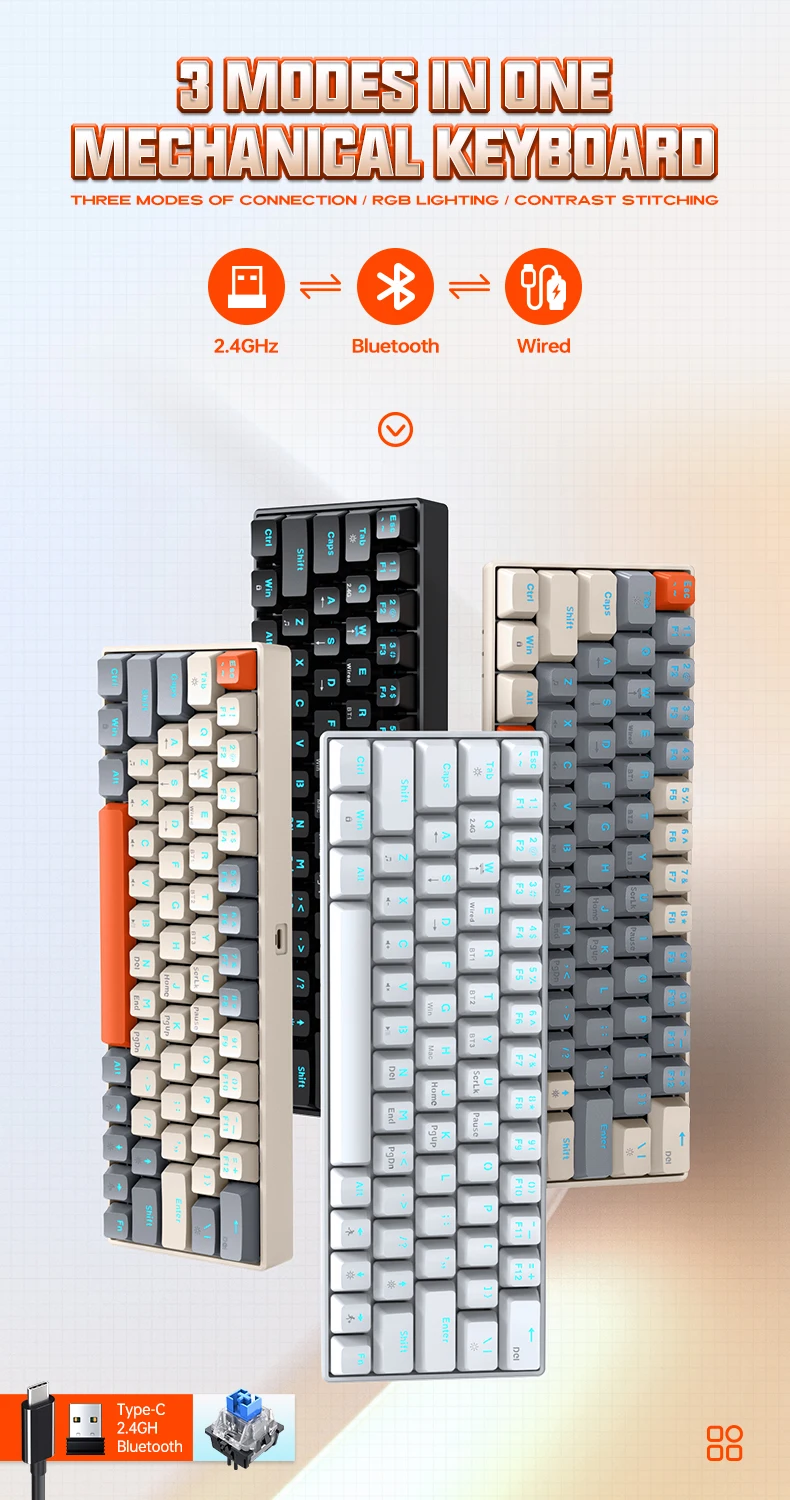 T-WOLF T30 TKL Mechanical Keyboard - Gaming Wireless 63 Keys