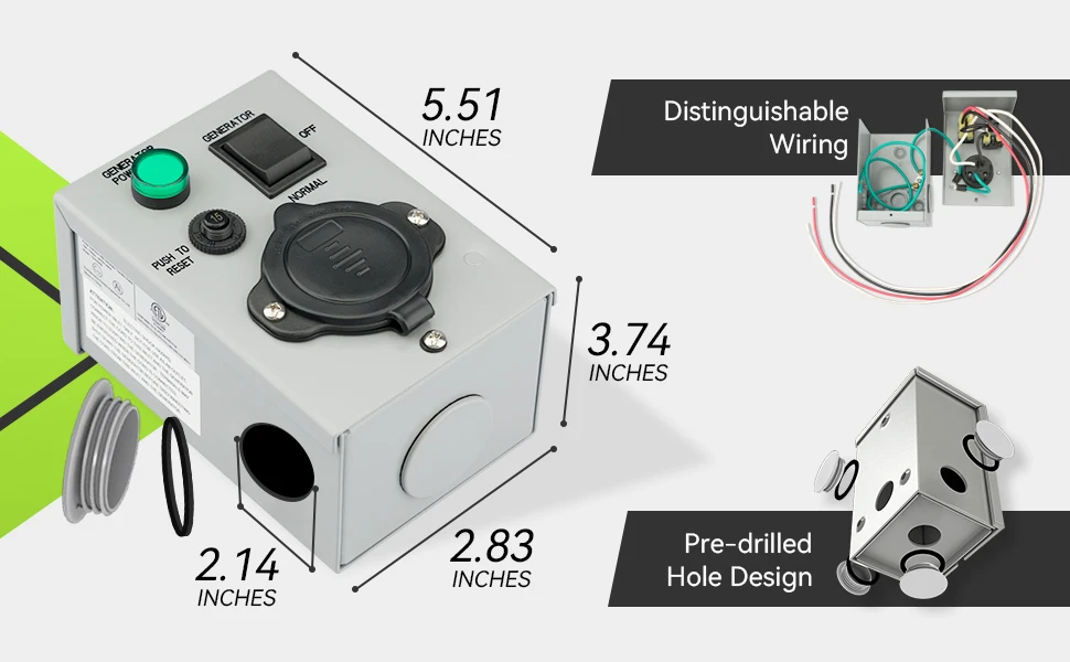 15A Generator Transfer Switch Inlet Box, NEMA 5-15P with Power Light ...