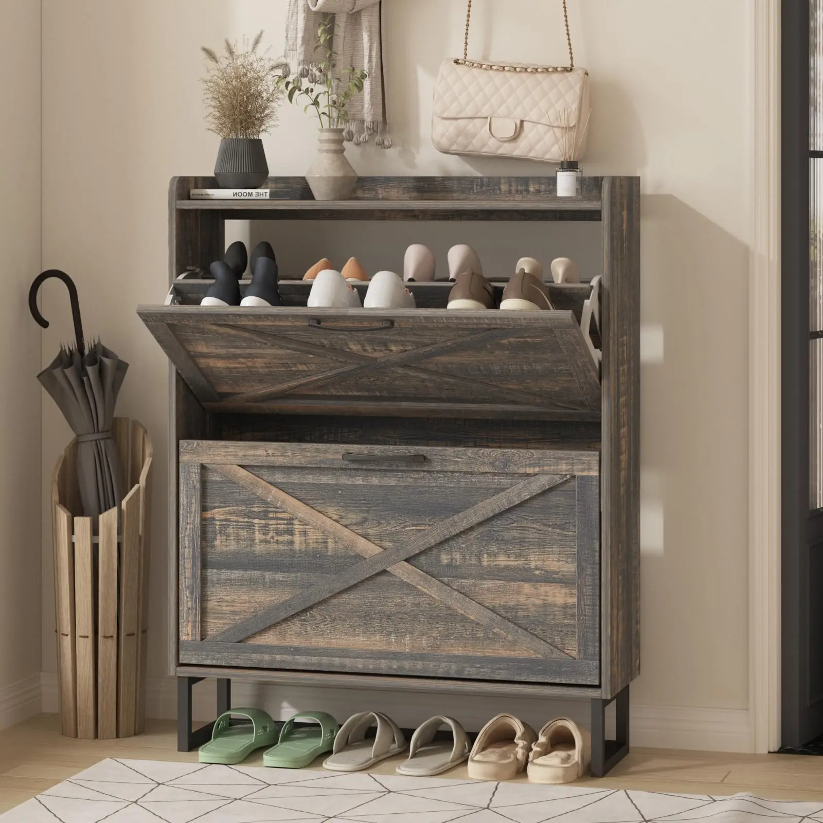 Rustic Farmhouse Entryway Shoe Cabinet Freestanding Metal Leg Shoe Rack ...