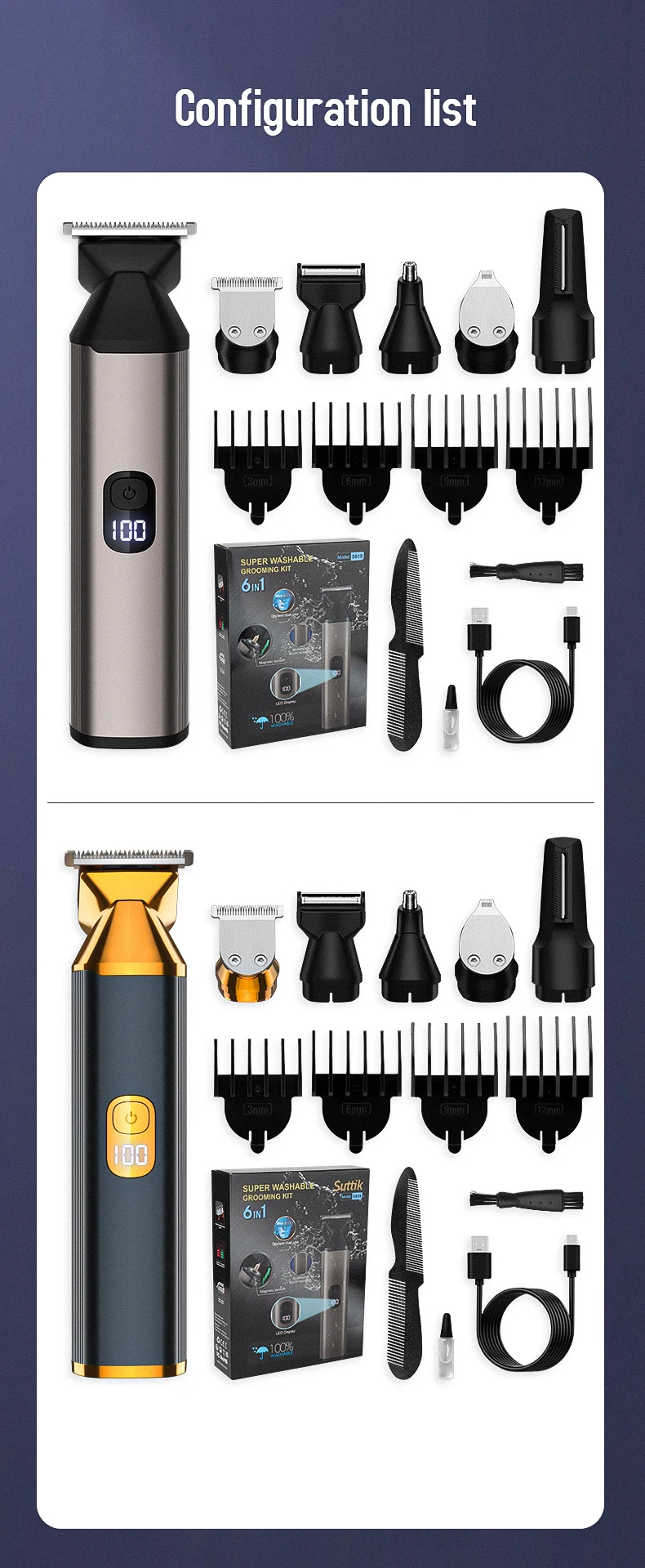 6 in 1 Magnetic Detachable Blade Wireless Rechargeable Hair Cutter ...