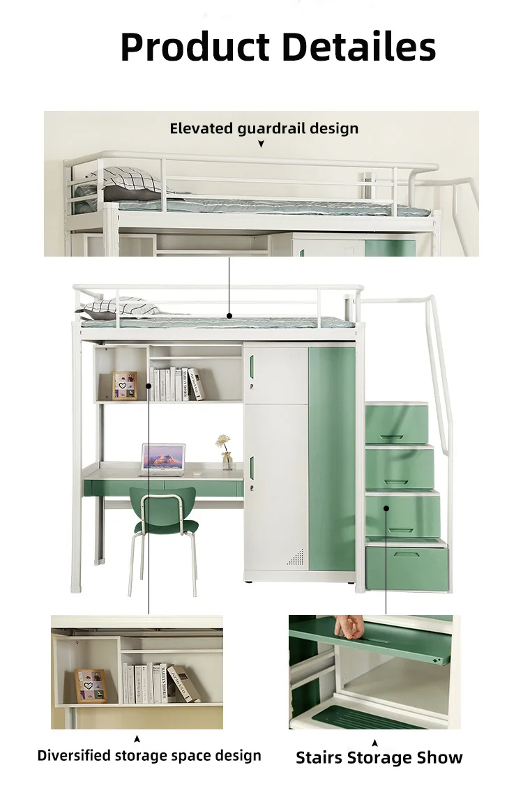 Multi-functional Queen Loft Metal Bed Storage Stairs Student Dormitory ...