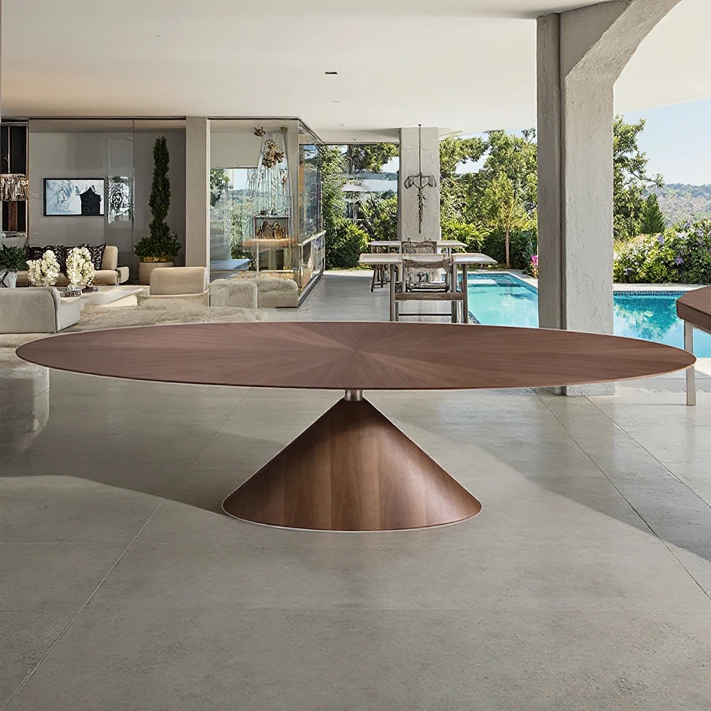 Italian Modern Oval Luxury Dining Table - Solid Walnut & Marble