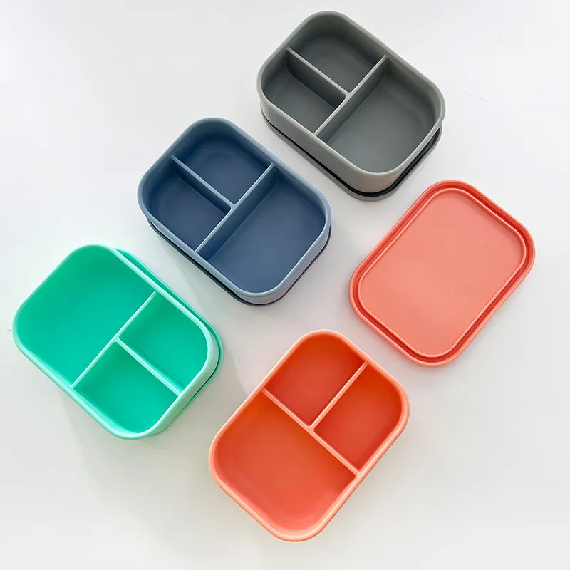 Reusable Portable 3 Compartments Picnic Lunch Box Thick Silicone Food ...