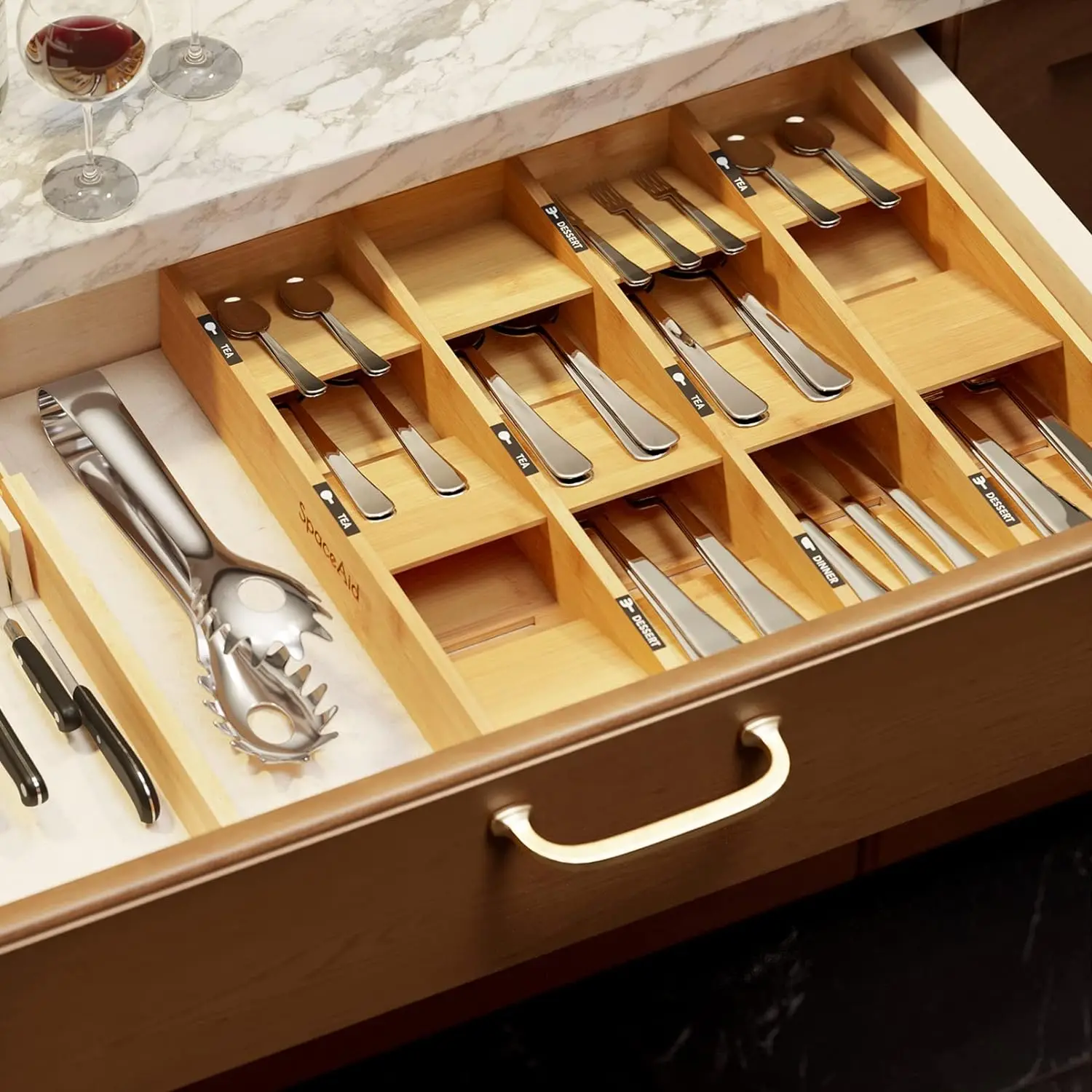 Labeled Bamboo Silver Drawer Storage Device For Storing Cutlery Spoons ...