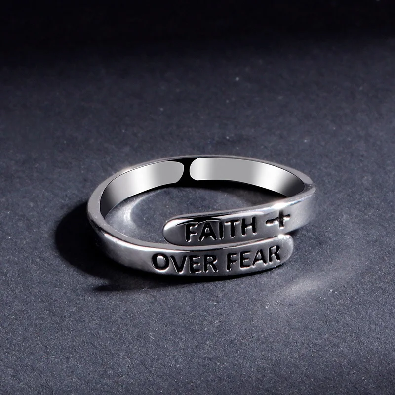 Adjustable Cross Letter Ring Faith Over Fear Ring Silver Inspirational ...