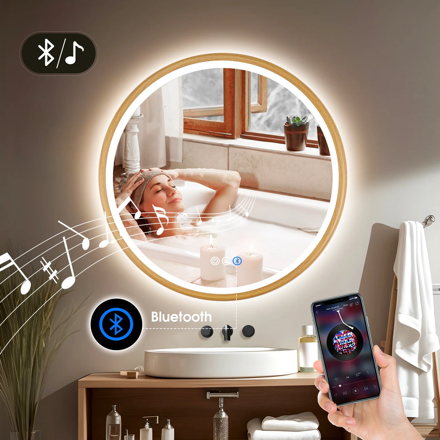 Wall Mounted Bathroom Vanity Mirror Wooden Frame Led Mirror With 3 ...