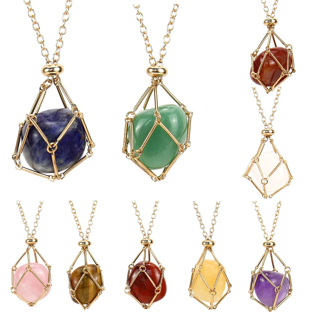 Stainless Steel 18k Gold Net Bag Necklace Natural Crystal Stone ...