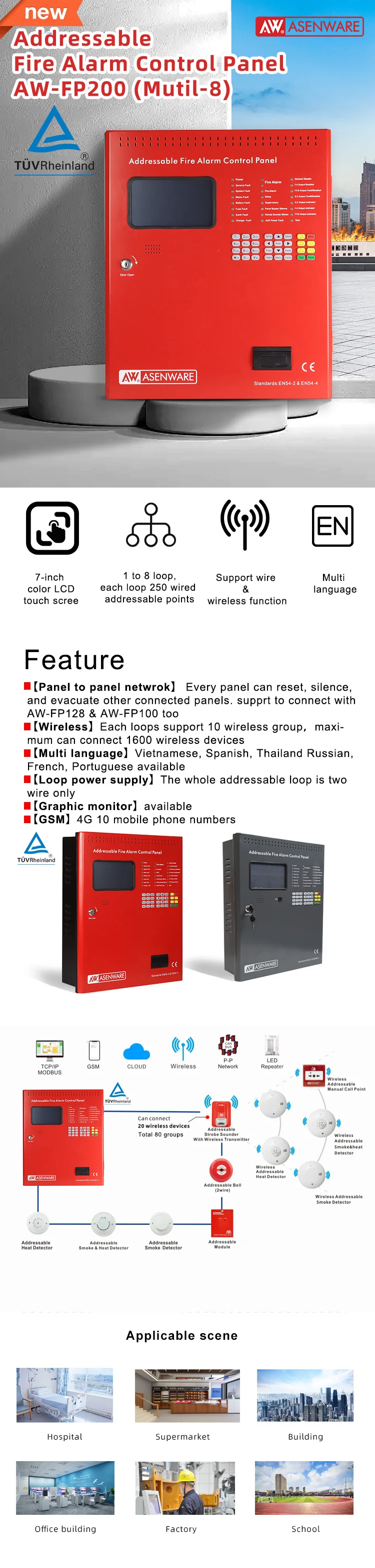 Asenware Addressable Fire Alarm Panel Aw-fp200 Series 1-8 Loop Wireless ...